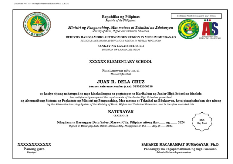 School-Based Als Jhs (Grade-10) Certificate | PDF