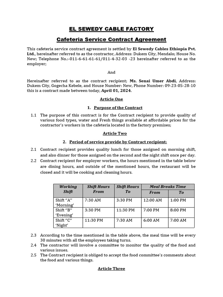 Cafeteria Service Contract Agreement | PDF | Employment | Cafeteria