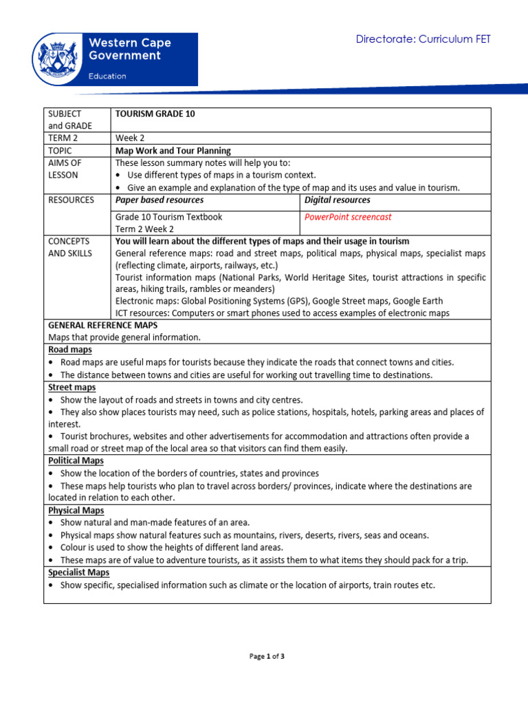 FET T2 Week 2 Grade 10 Tourism Map Work and Tour Planning | Download Free PDF | Tourism | Map