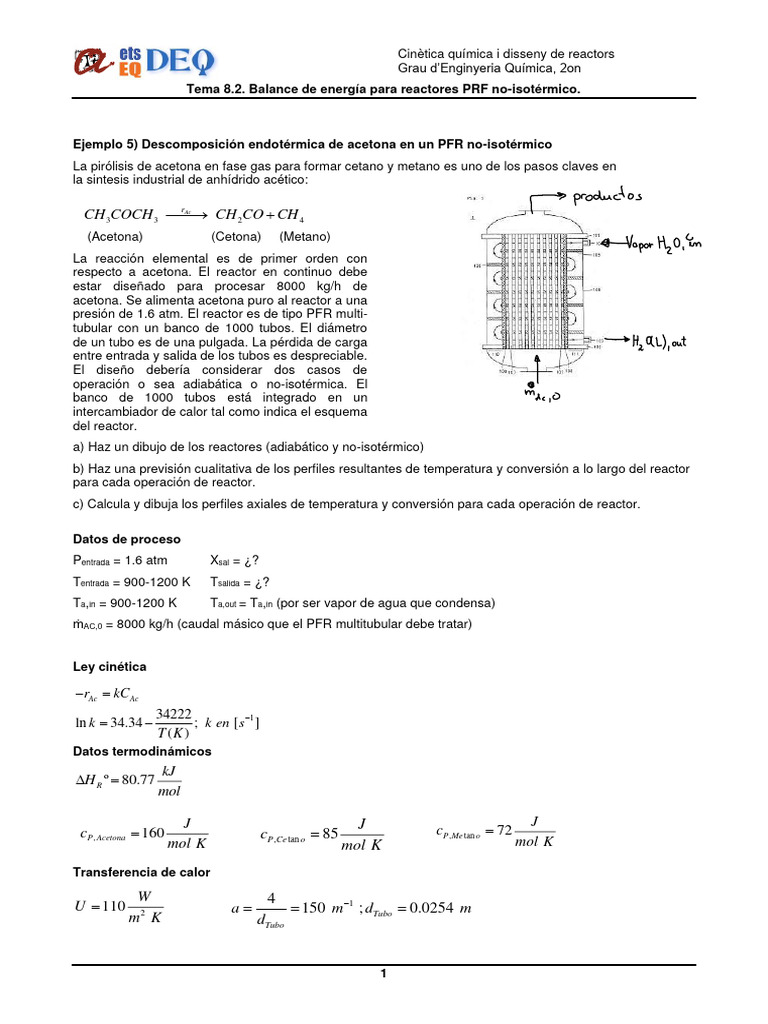 Solución Ej 5. Descomposición de Acetona en PFR No-Isotérmico | PDF | Reactor Quimico | Cinética ...