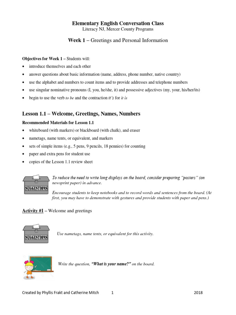 English Conversation Class: Week 1 Guide | PDF | Grammatical Gender ...