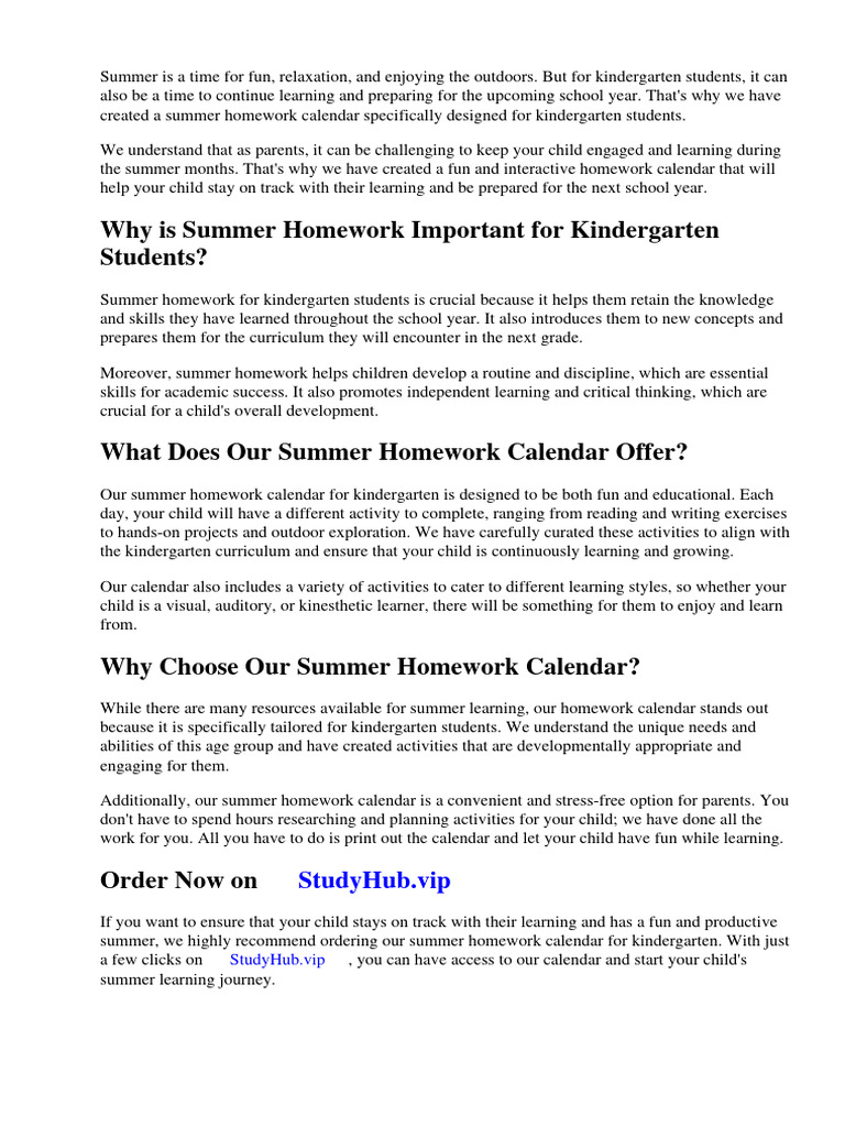 Summer Homework Calendar For Kindergarten | PDF | Kindergarten | Homework