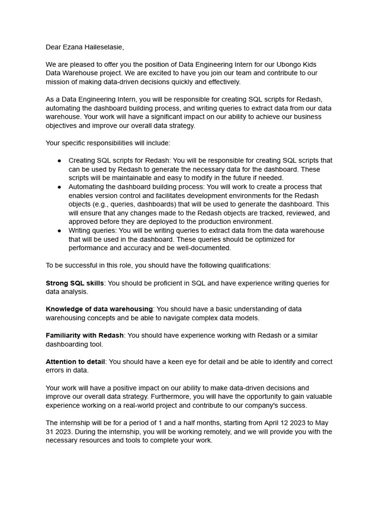 Data Engineering Internship | PDF | Data Warehouse | Data