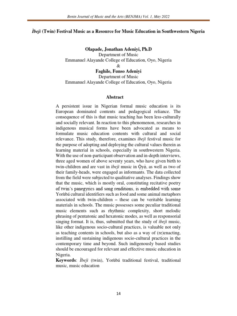 Ìbejì (Twin) Festival Music As A Resource For Music Education in Southwestern Nigeria - 0 | PDF ...