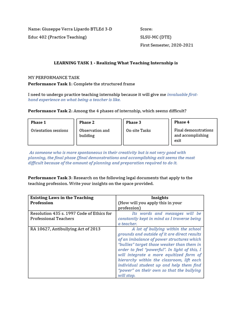 Practice Teaching - Learning Task 1 | Download Free PDF | Teachers ...