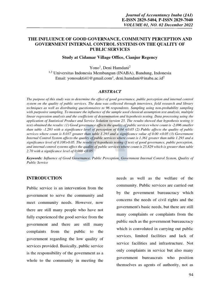 ART The Influence of Good Governance, Community Perception and ...