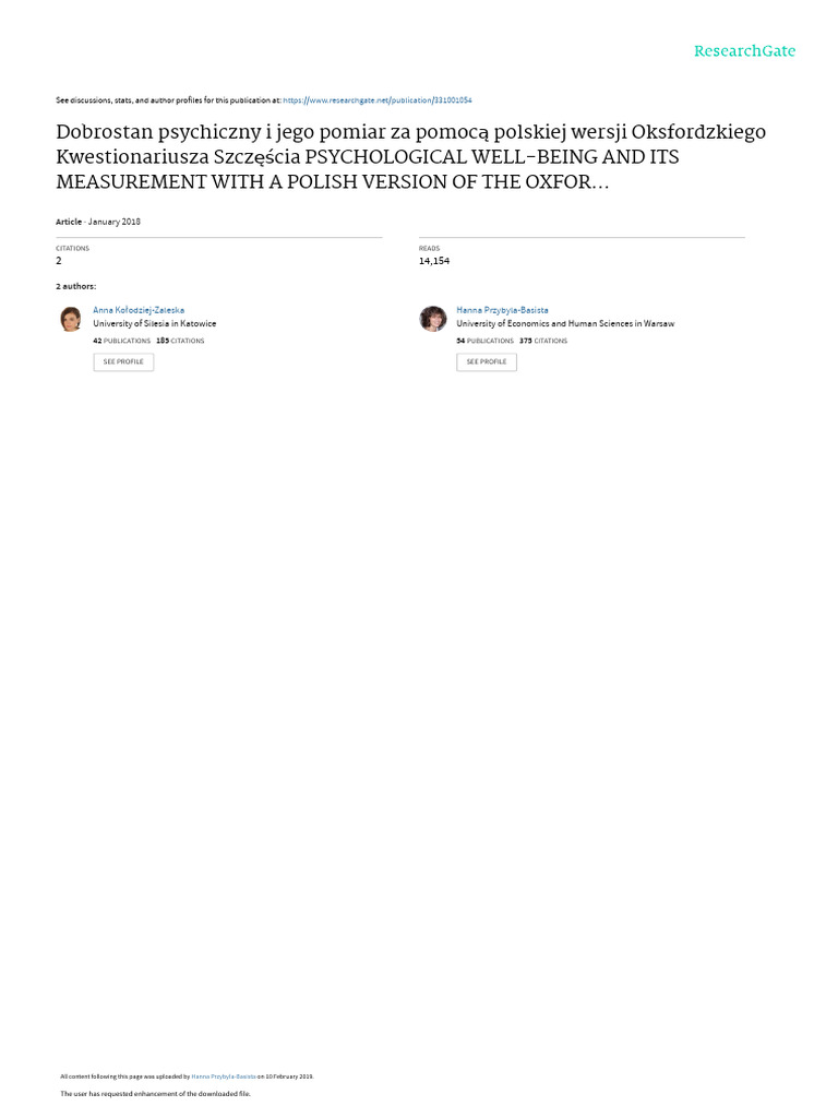 Polska adaptacja kwestionariusza dobrostanu | PDF | Psychometrics ...