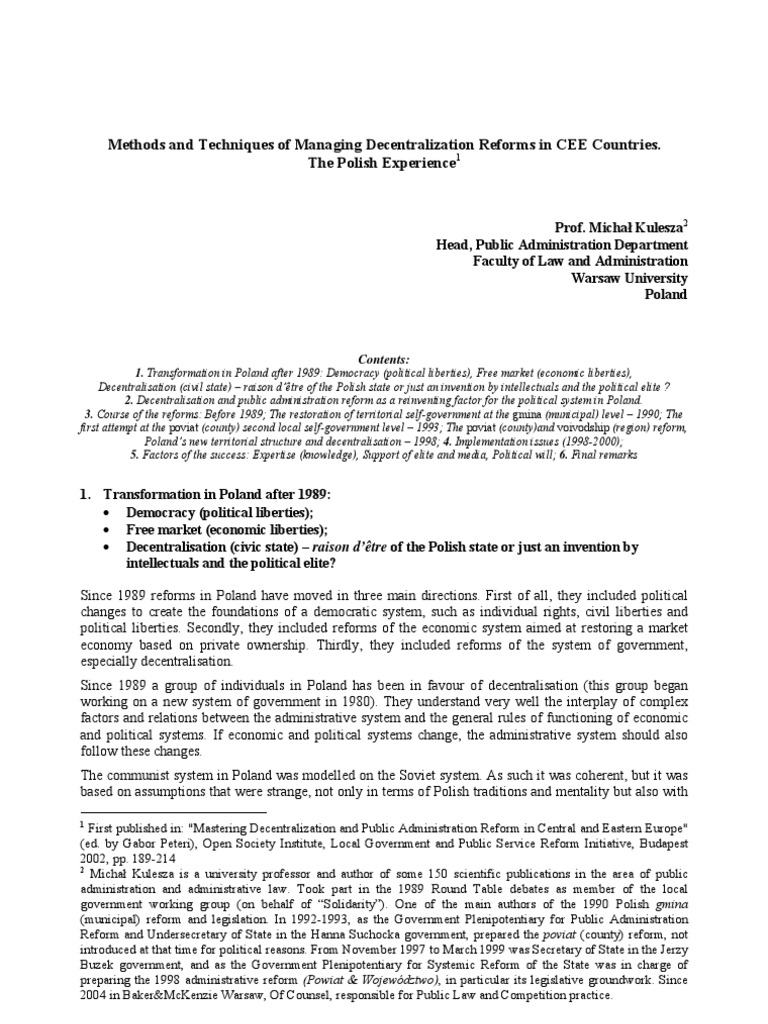 Methods and Techniques of Managing Decentralization Reforms in CEE Countries. The Polish ...