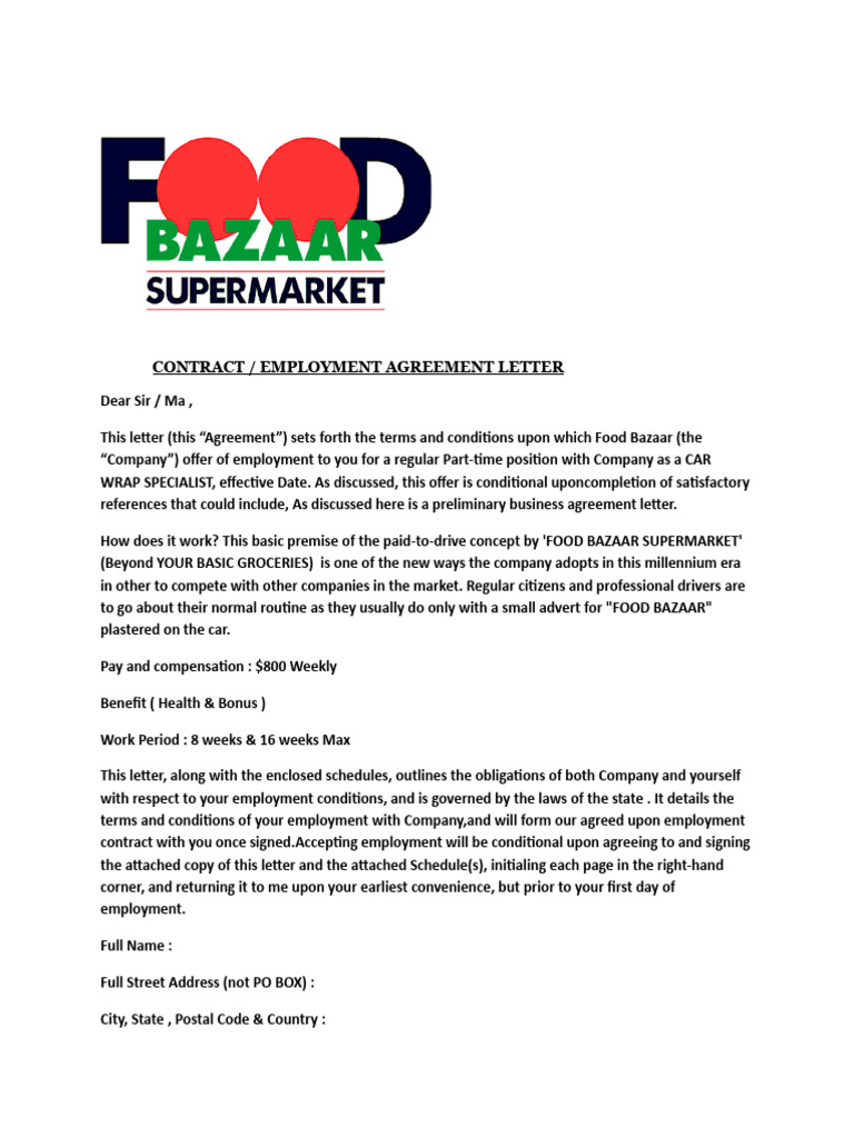 Contract Agreement Letter | PDF | Employment | Advertising