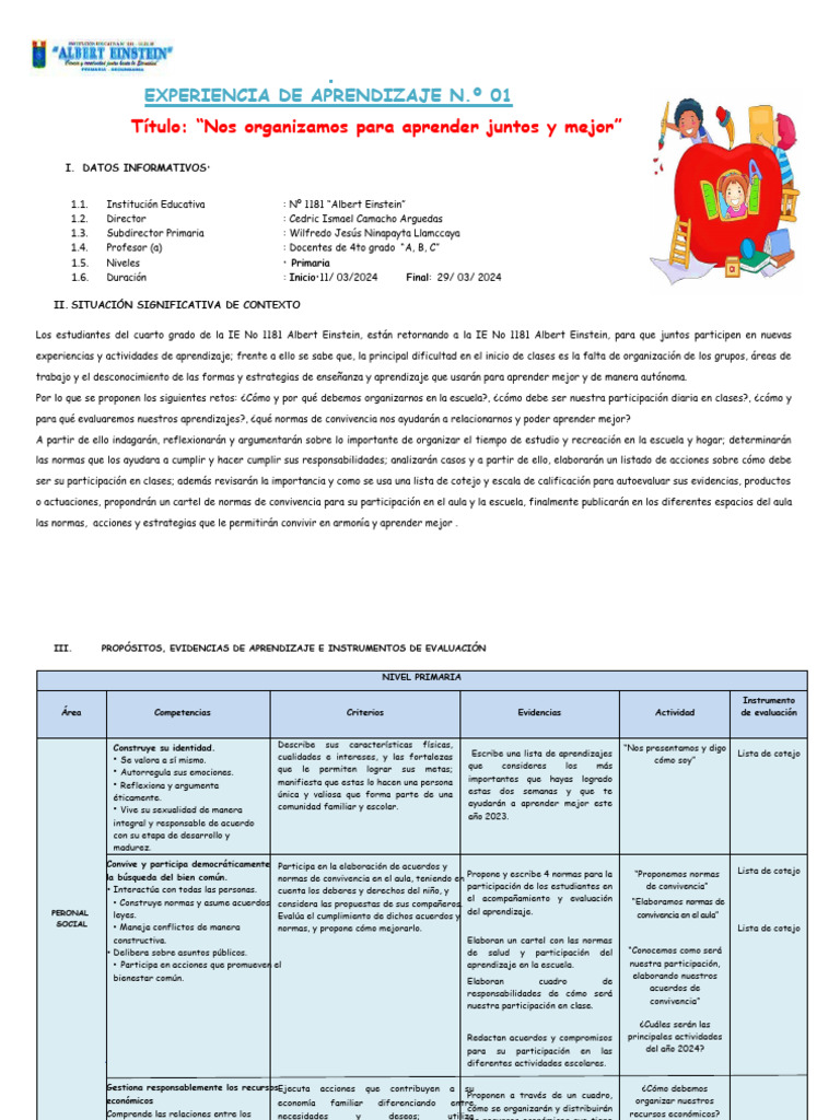 Proyecto 4to Grado - Marzo | PDF | Aprendizaje | Evaluación