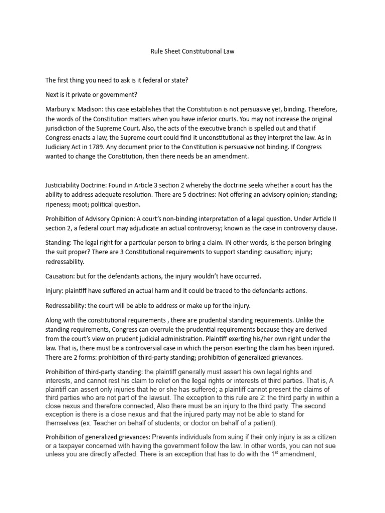 Rule Sheet Constitutional Law | Download Free PDF | Standing (Law ...