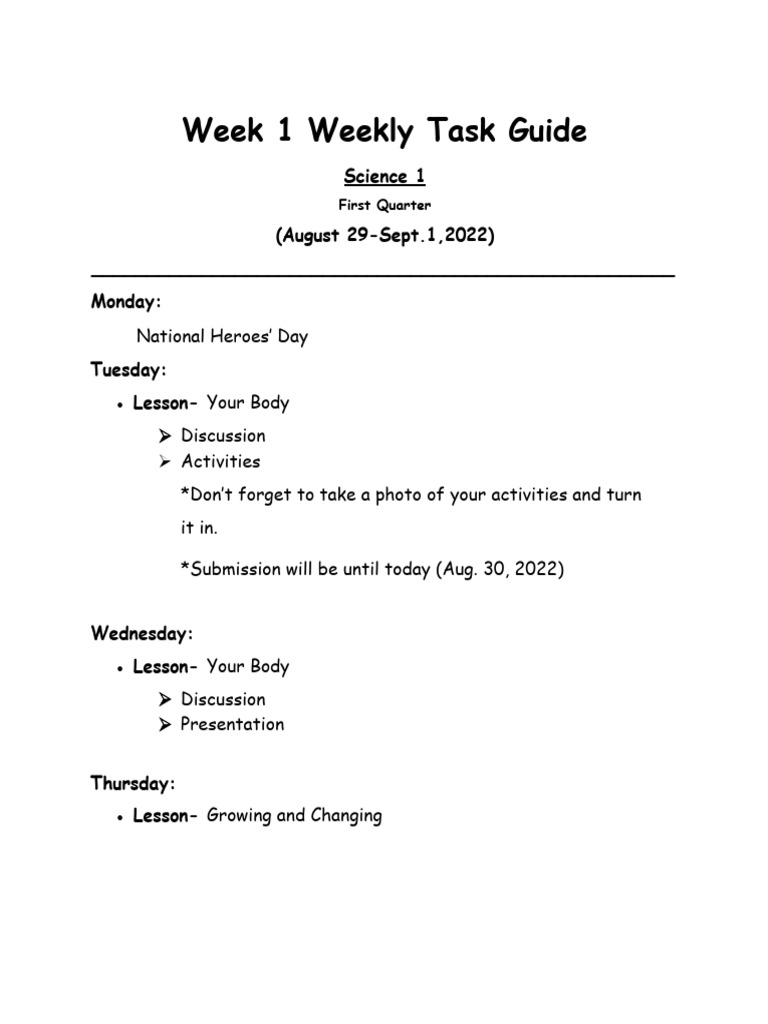 Week 1 Science Task Guide 2022 | PDF
