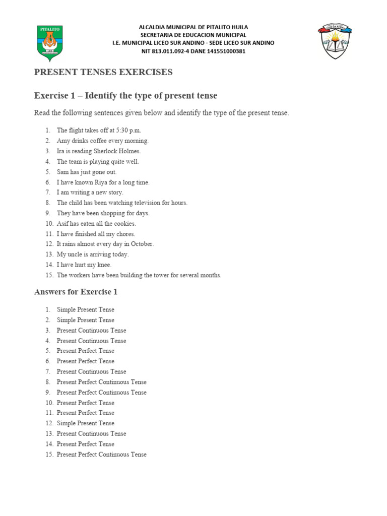 Present Tenses Exercises | PDF | Language Mechanics | Linguistics