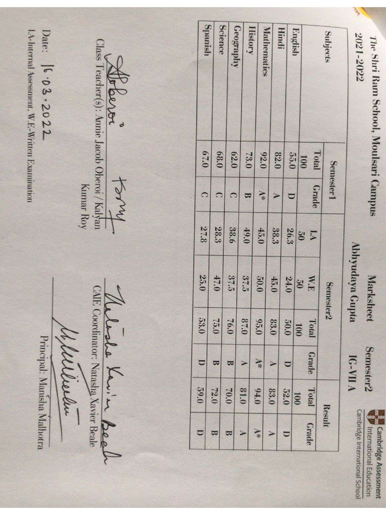 Grade 7 Marksheet | PDF