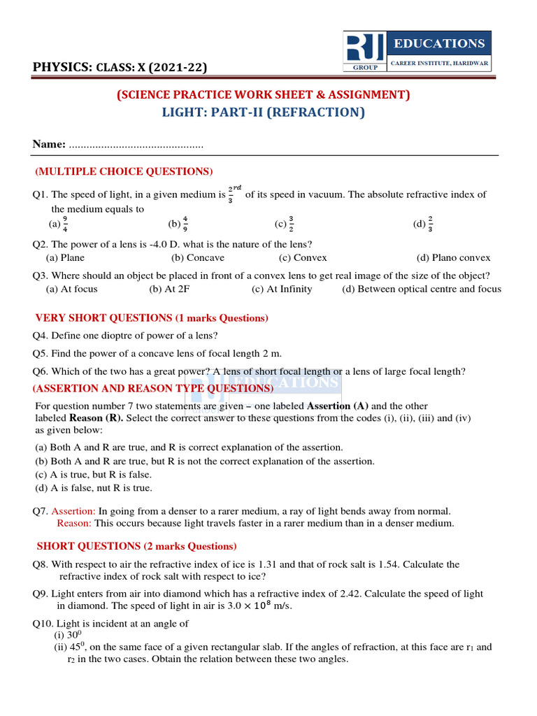 Worksheet LIGHT (REFRACTION) C-X | PDF | Refractive Index | Atomic