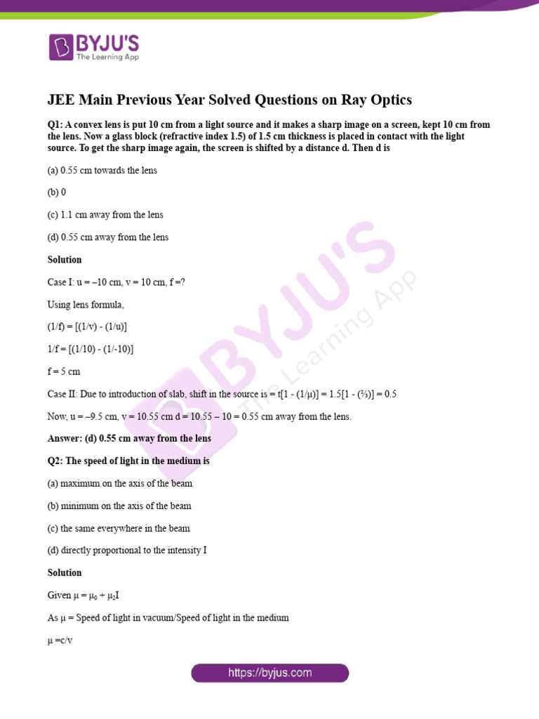 JEE Main Ray Optics Previous Year Questions With Solutions PDF | PDF ...