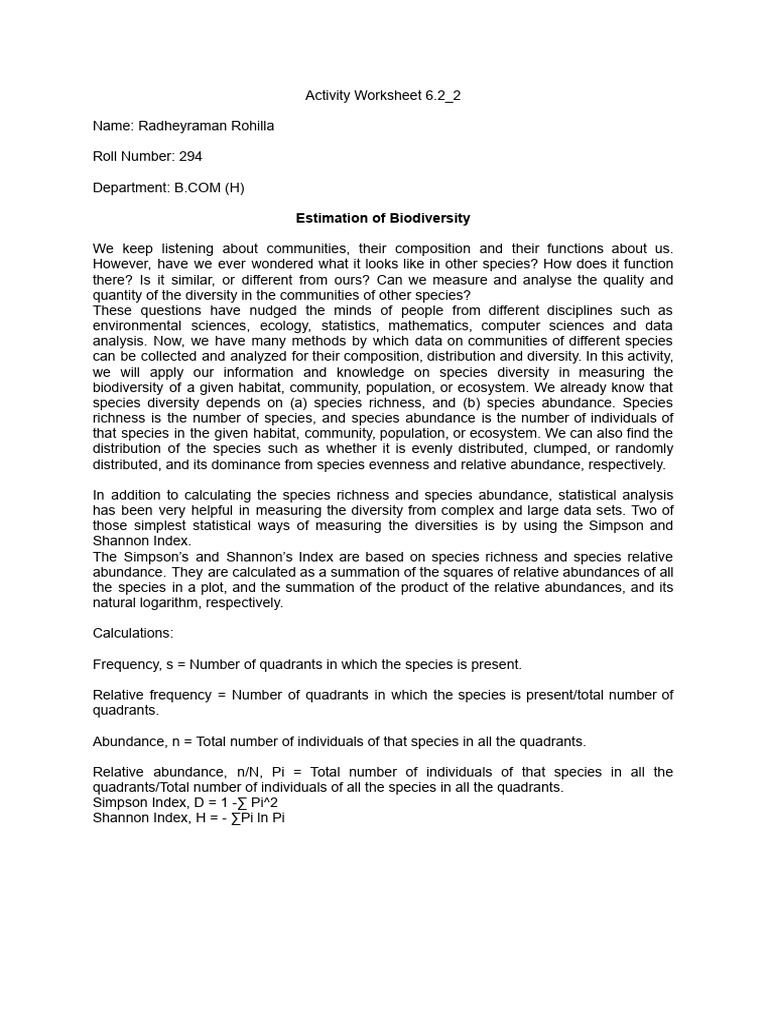 EVS Homework 2 | PDF | Biodiversity | Mathematics