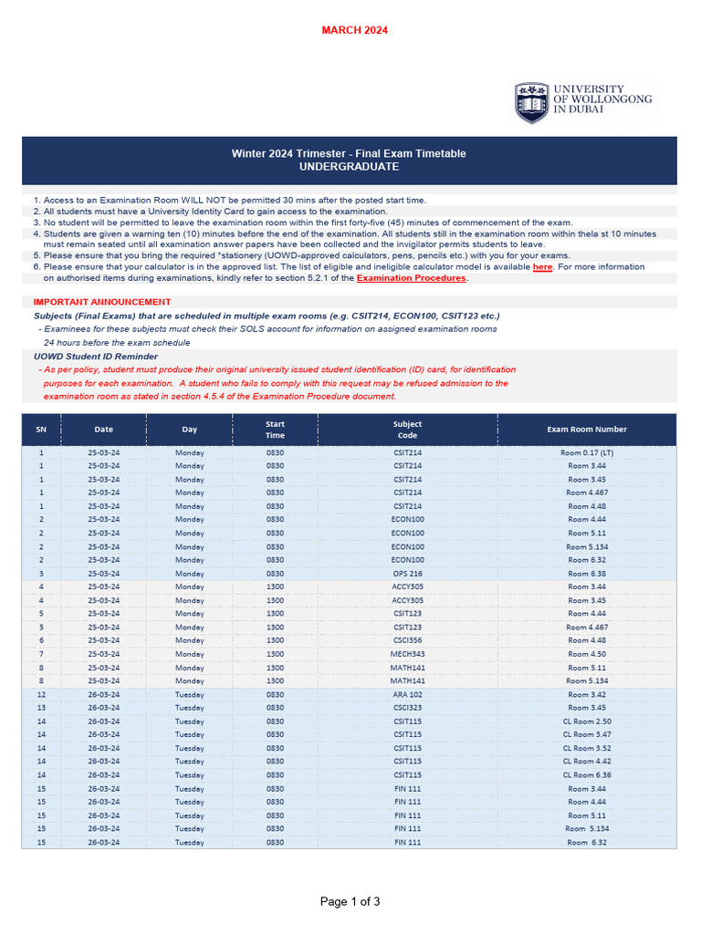 Winter 2024 - UG Final Exams Timetable With Room D_240324_204532 | PDF