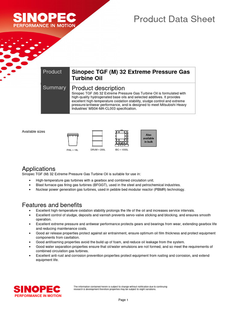 Sinopec TGF (M) 32 Gas Turbine Oil | PDF | Motor Oil | Viscosity