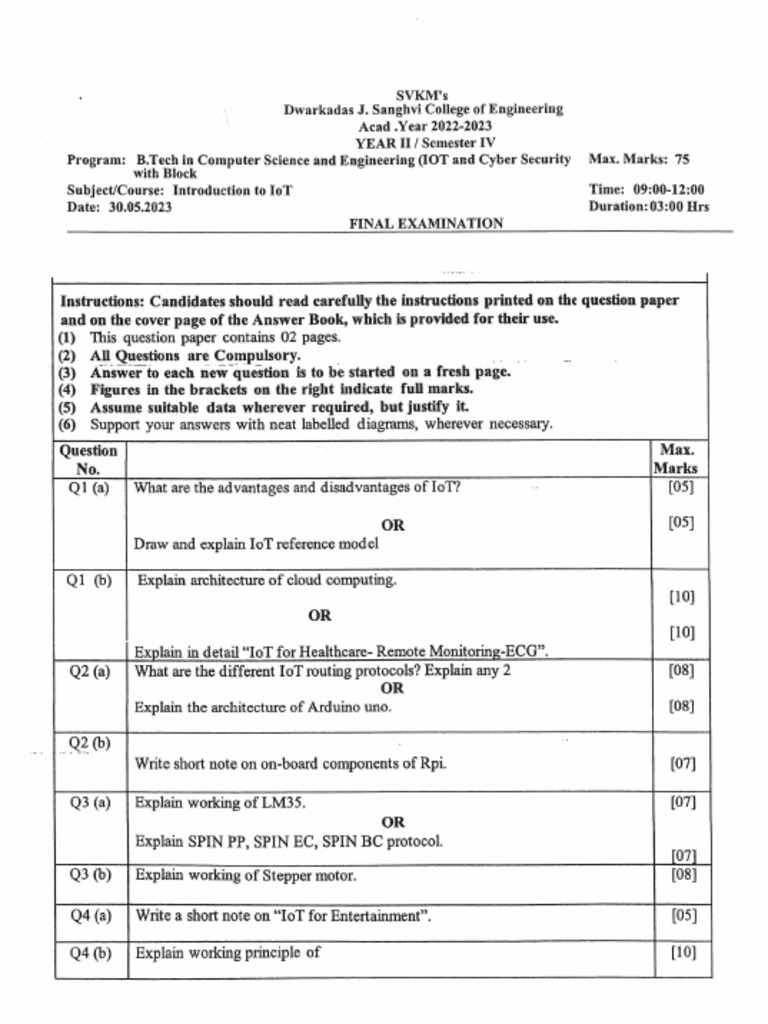 Introduction To IoT QP CSE ICB | PDF