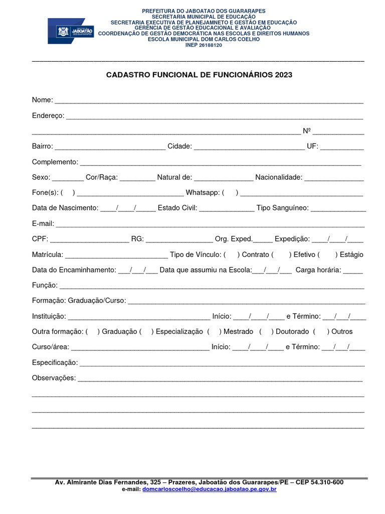 Ficha de Cadastro Professores 2023 | Download grátis PDF | Academia