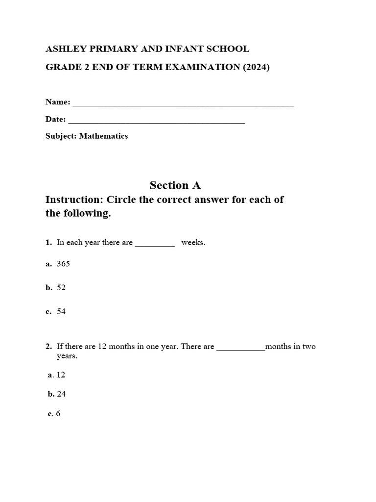 End of Term 2 Examination Mathematics 2024 | PDF | Teaching Methods ...