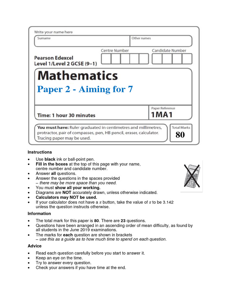 2a - Paper 2 Non-Calculator Aiming For Grade 7 - Question Paper | PDF ...