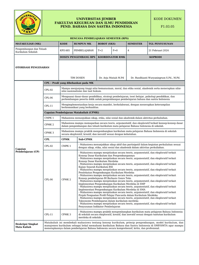 Rps Pengembangan Dan Telaah Kurikulum | PDF