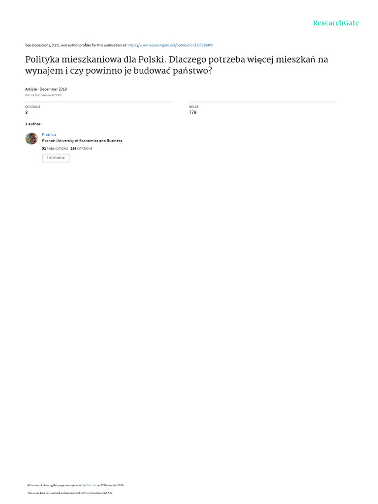 Polityka Mieszkaniowa Dla Polski - Lis | PDF