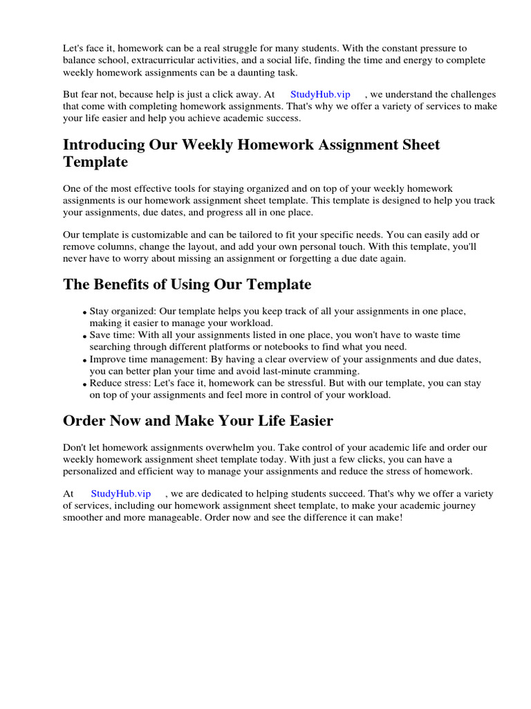 Weekly Homework Assignment Sheet Template | Download Free PDF ...