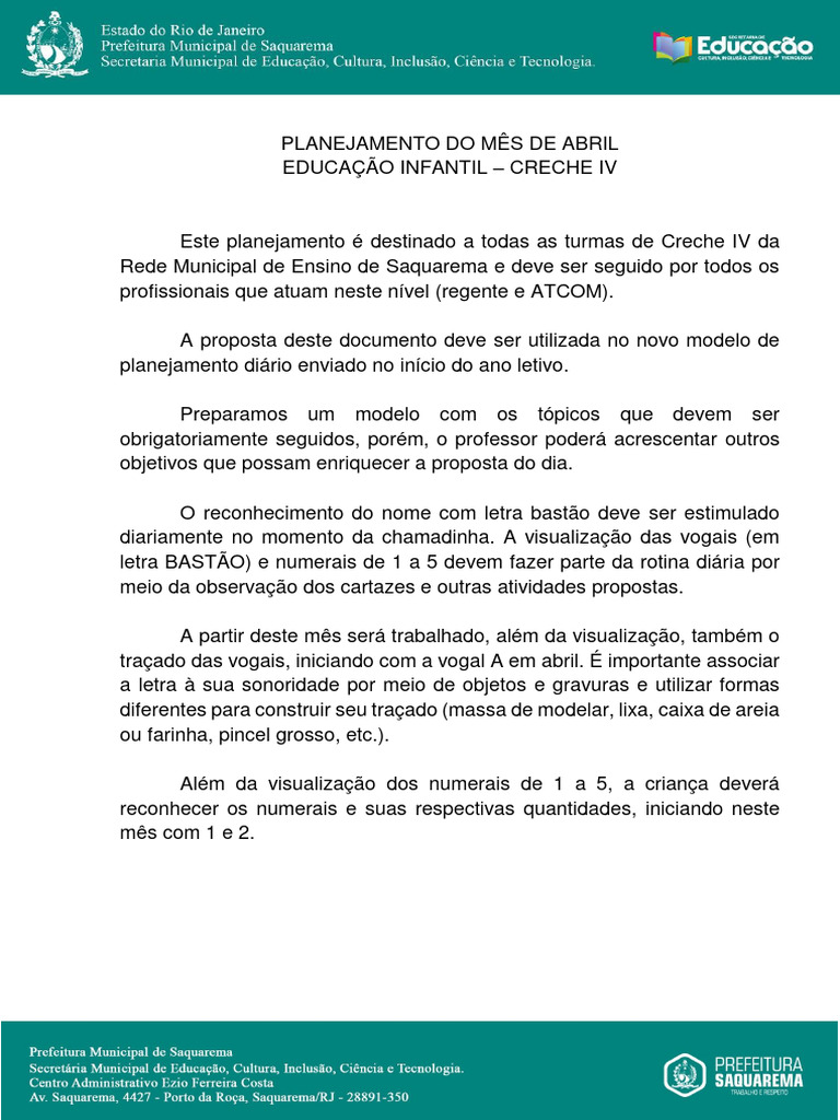 Planejamento Abril: Creche IV Saquarema | PDF | Pedagogia | Aprendizado