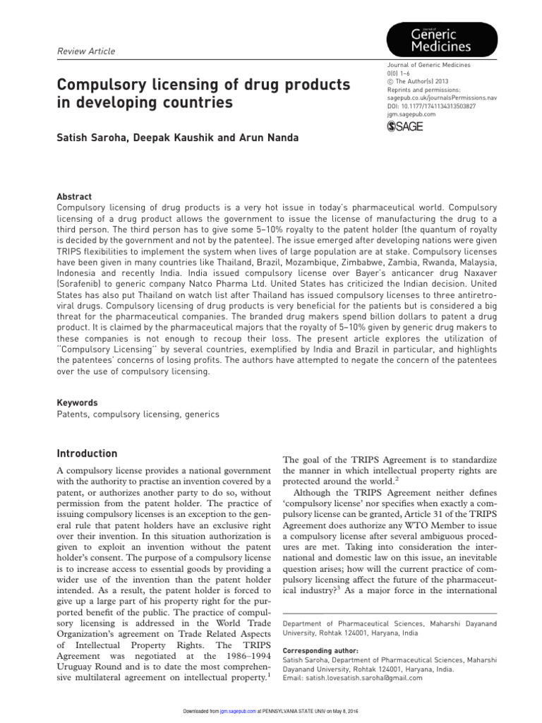 Week 9 Compulsory Licensing of Medicine in Developing Countries | PDF ...
