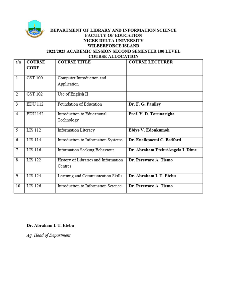 NDU Library Science Course Allocation | PDF | Information Science ...