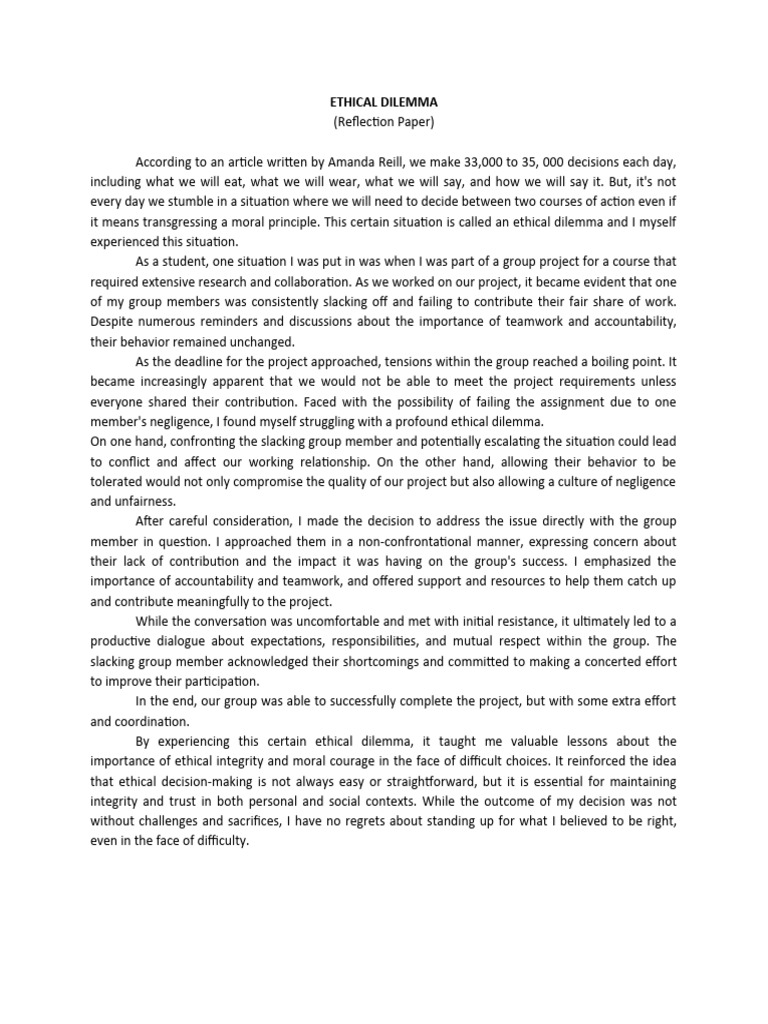 Ethical Dilemma (Reflection Paper) | PDF | Integrity | Accountability