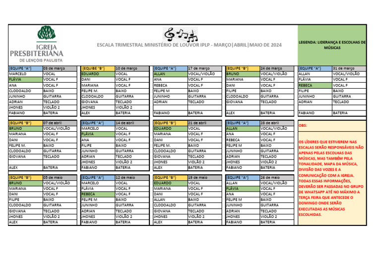 Escala Equipe de Louvor Mar Abr Mai | PDF | Instrumentos musicais