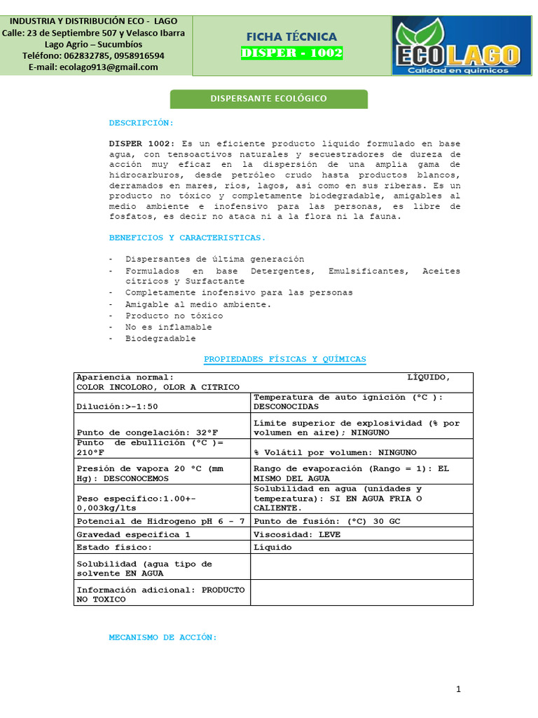 FICHA TÉCNICA DISPER 1002 | PDF | Agua | Hidrocarburos