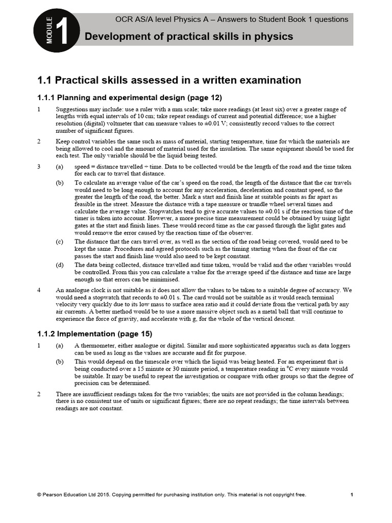 OCR AS and A Level Physics Student Book 1 ANSWERS | PDF | Significant Figures | Measurement