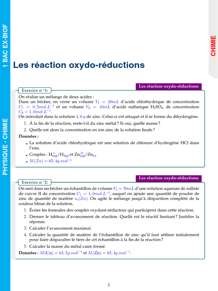 Réactions Oxydo-Réductions: Exercices et Solutions | PDF | Acide chlorhydrique | Zinc