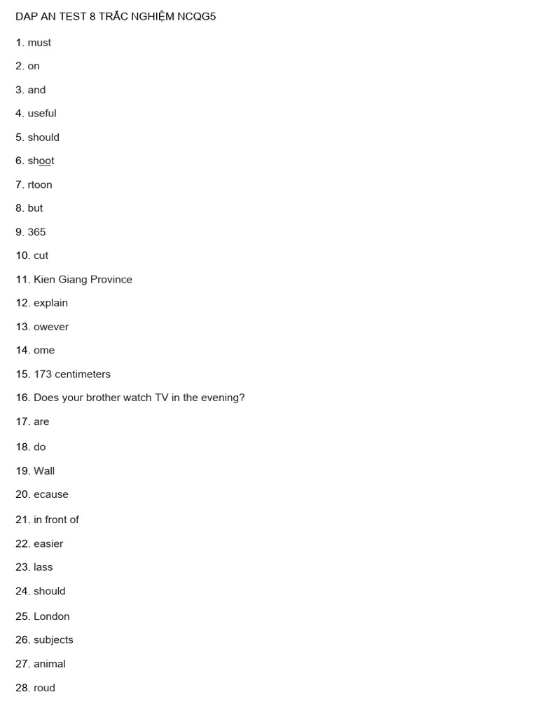 DAP AN TEST 8 TRẮC NGHIỆM NCQG5 | PDF