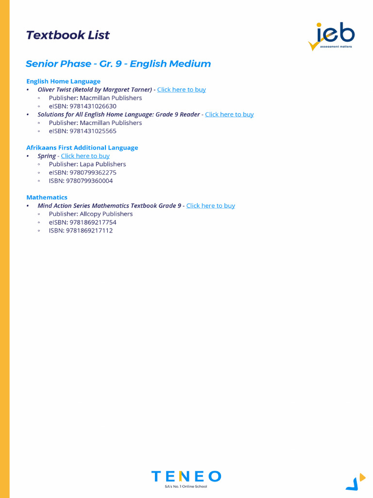 Textbook List - Senior Phase - Grade 9 - IEB 2024 | PDF