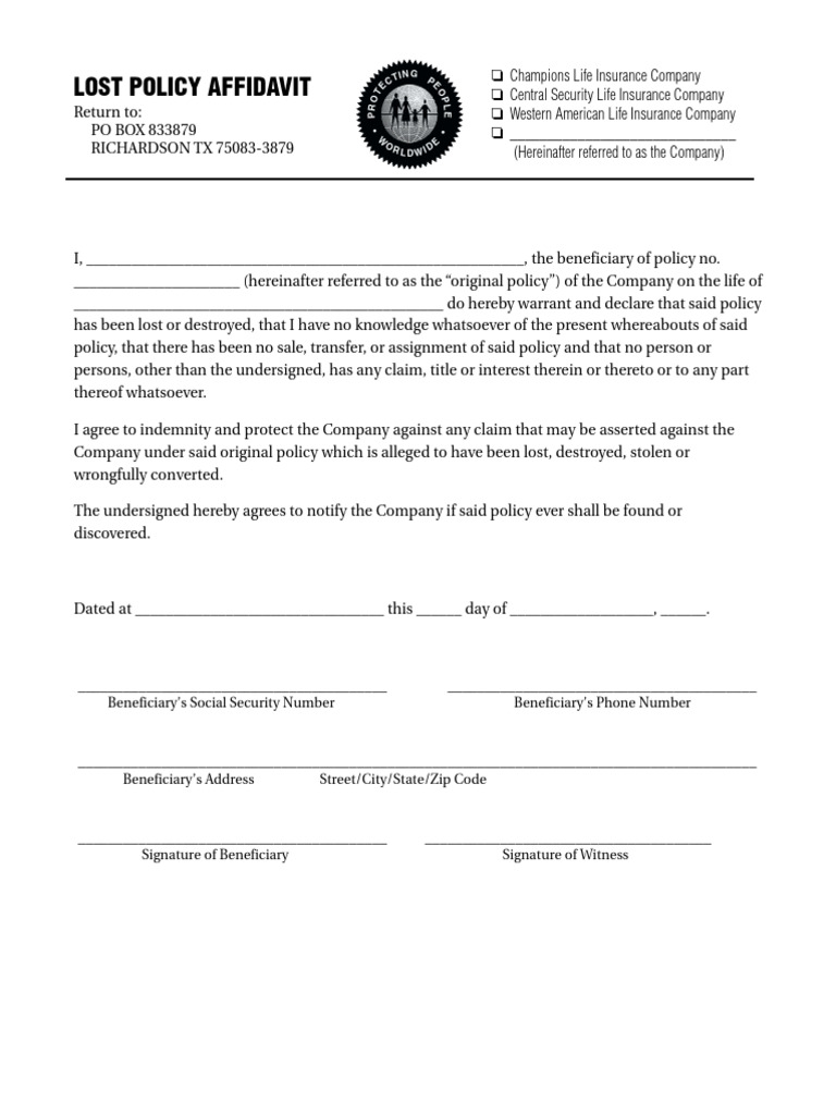 Lost Policy Affidavit | Download Free PDF | Business Law | Insurance