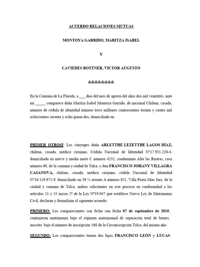 Acuerdo Relaciones Mutuas Maritza | PDF | Divorcio | Instituciones sociales