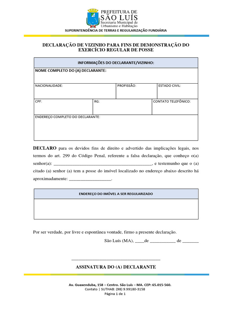3441 Declaracao de Vizinho Confrontante | PDF 3441 Declaracao de Vizinho Confrontante | PDF