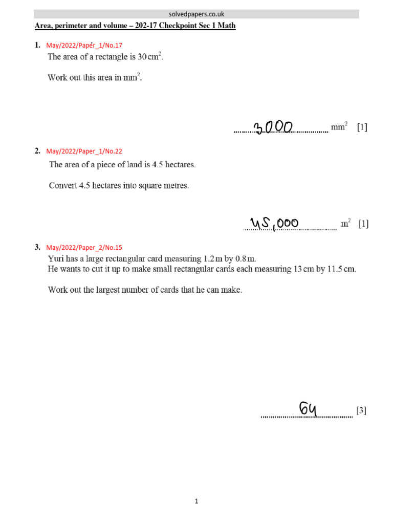 2022_17-Area-perimeter-and-volume-checkpoint_sec_1-mathematics | PDF