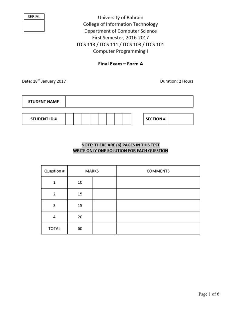Itcs 111 Final S1 2016 2017 Pdf Computer Programming Computing 4581