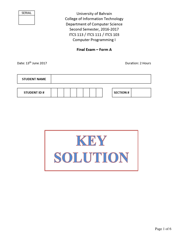 ITCS 111 Final S2 2016 - 2017 - Key | PDF | Computer Science | Software ...