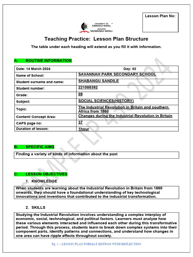 Social Sciences Lesson Plan 14 March 2024 Grade 09 Industrial ...