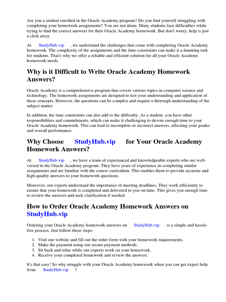 Oracle Academy Homework Answers | PDF | Databases | Oracle Corporation