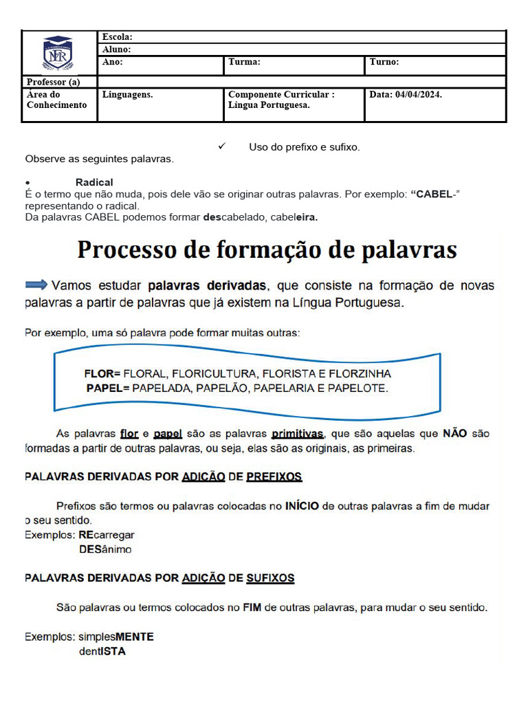 Atividade de Português - Prefixo e Sufixo - 04.04.2024 | PDF