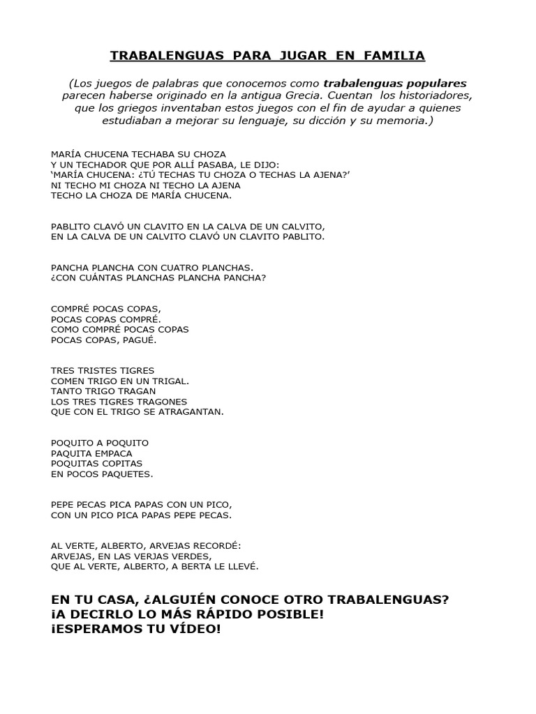 Trabalenguas para Jugar en Familia | PDF